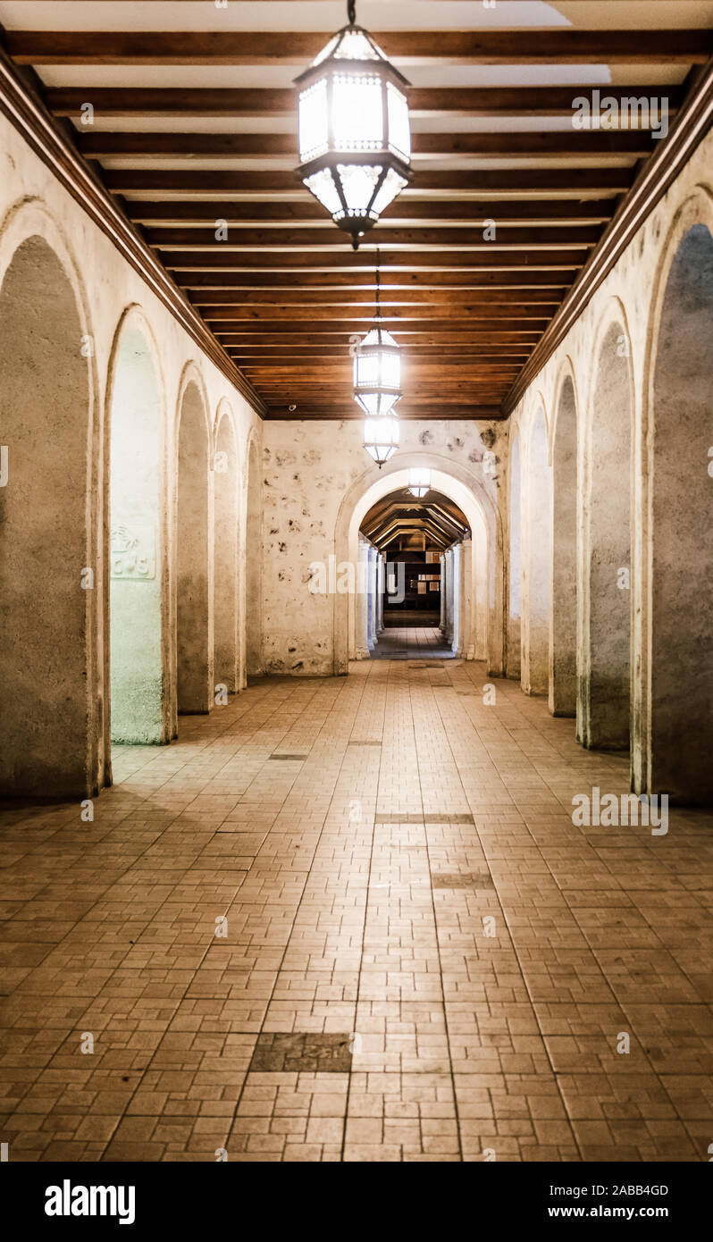 A Wooden Ceiling Hallway with Vintage Lamps Stock Photo - Alamy