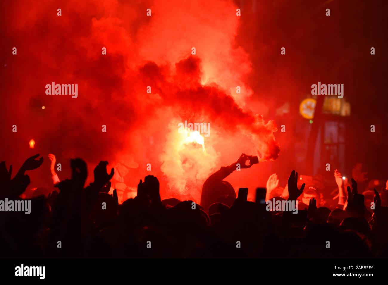 Fans burning flares.Around 3,000 PSG fans gathered on the streets close ...