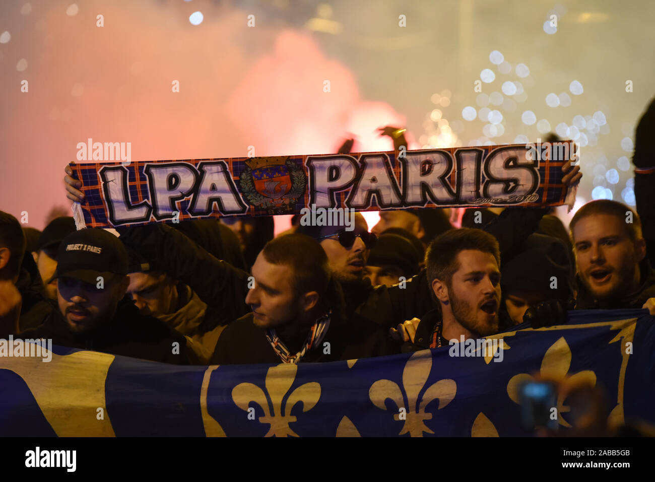 Fans shouting slogans.Around 3,000 PSG fans gathered on the streets ...
