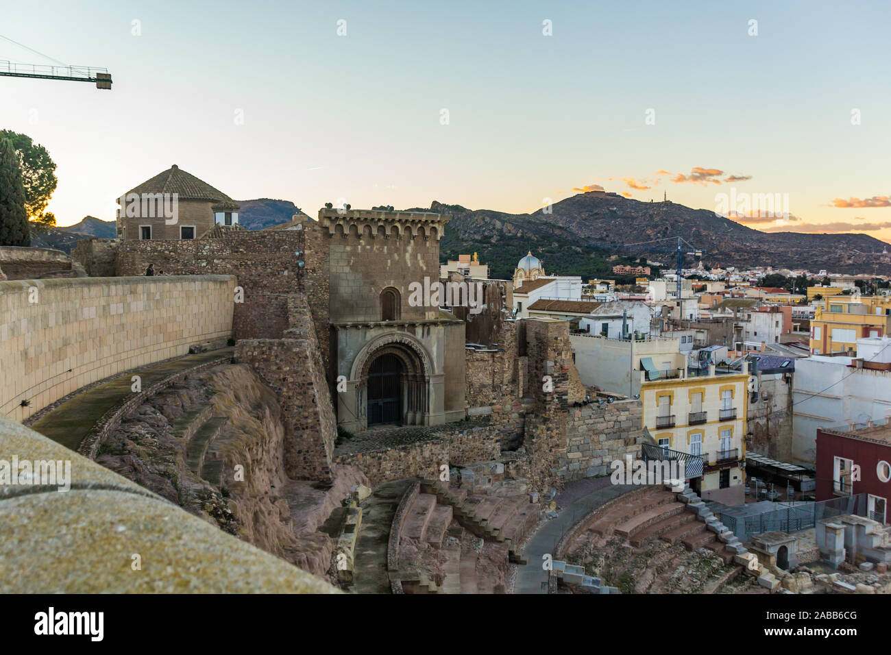 Aerial panoramic view of port city Cartagena in Spain with famous roman ...