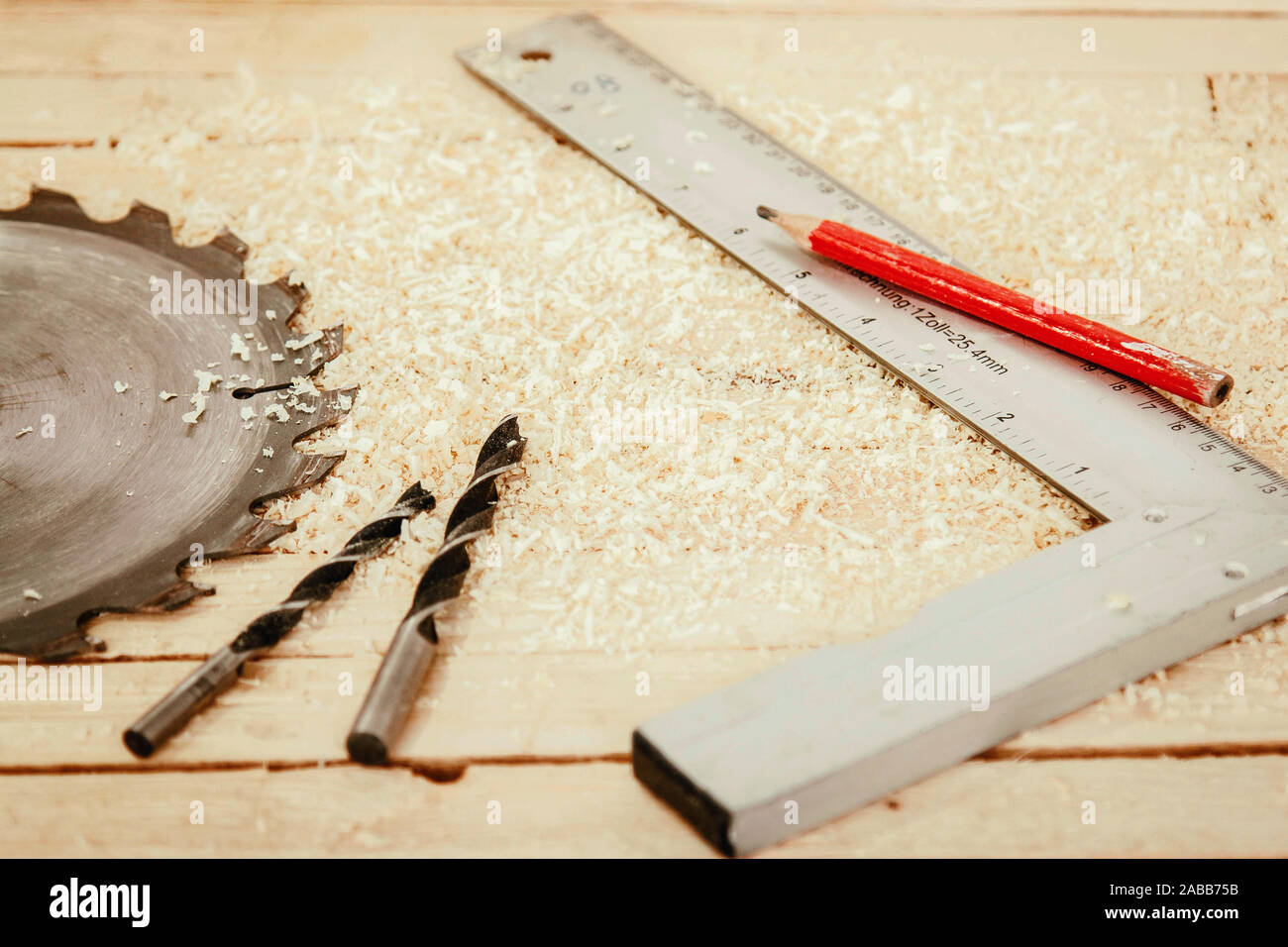 Woodwork tools on the boards background Stock Photo - Alamy