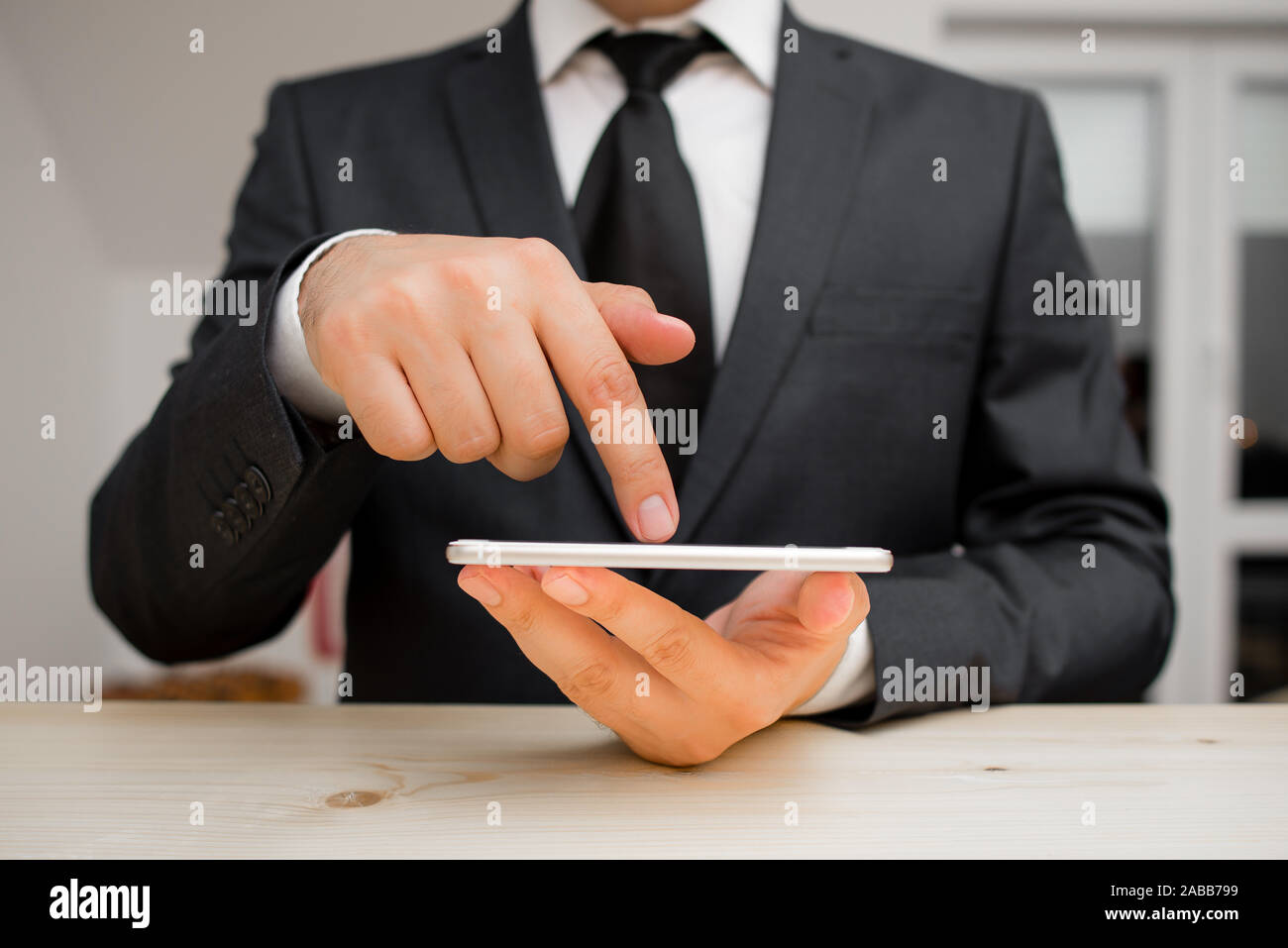 Male human wear formal clothes present presentation use hi tech ...