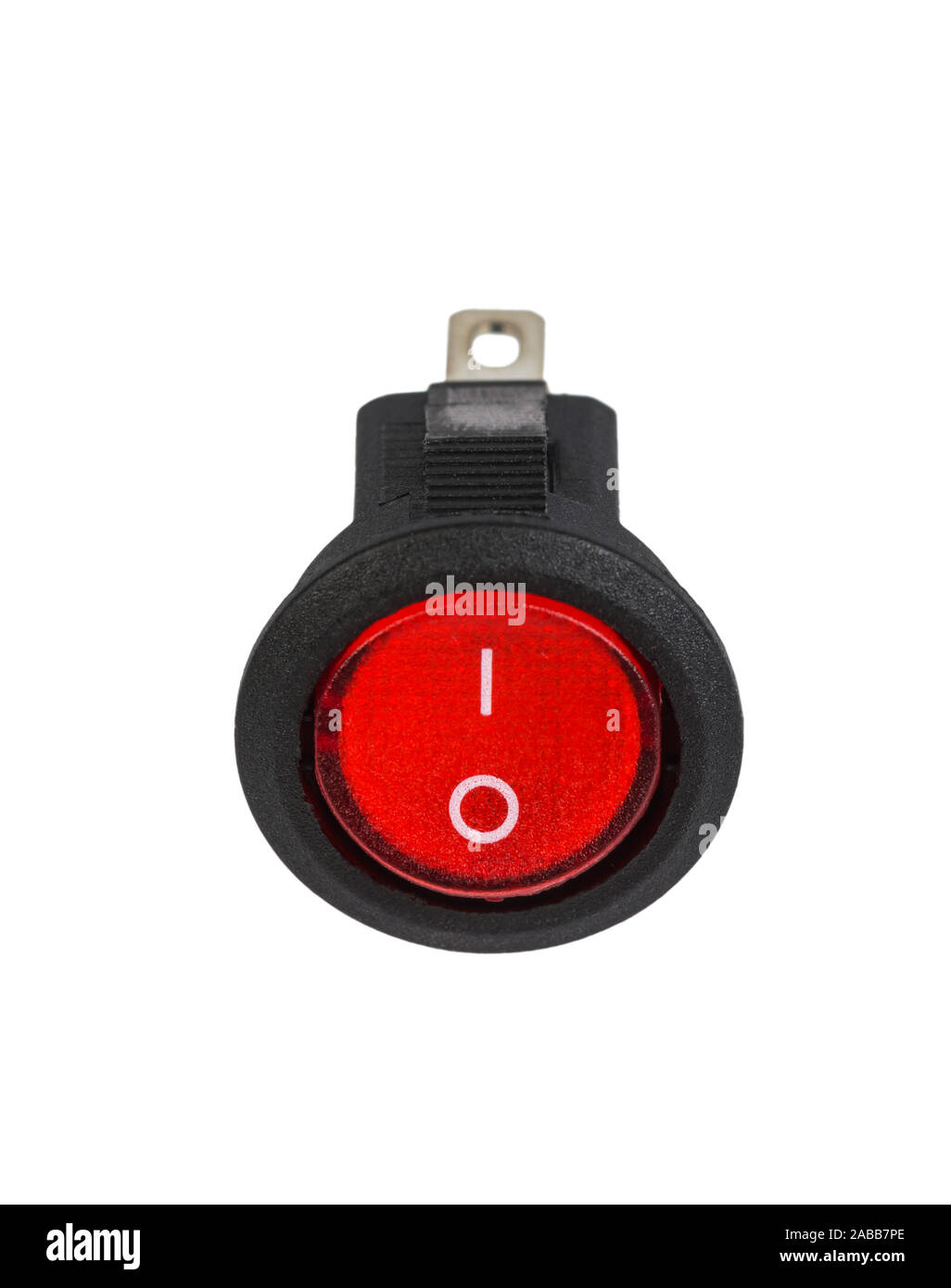 Red electrical power switch, electronic component, isolated on white ...