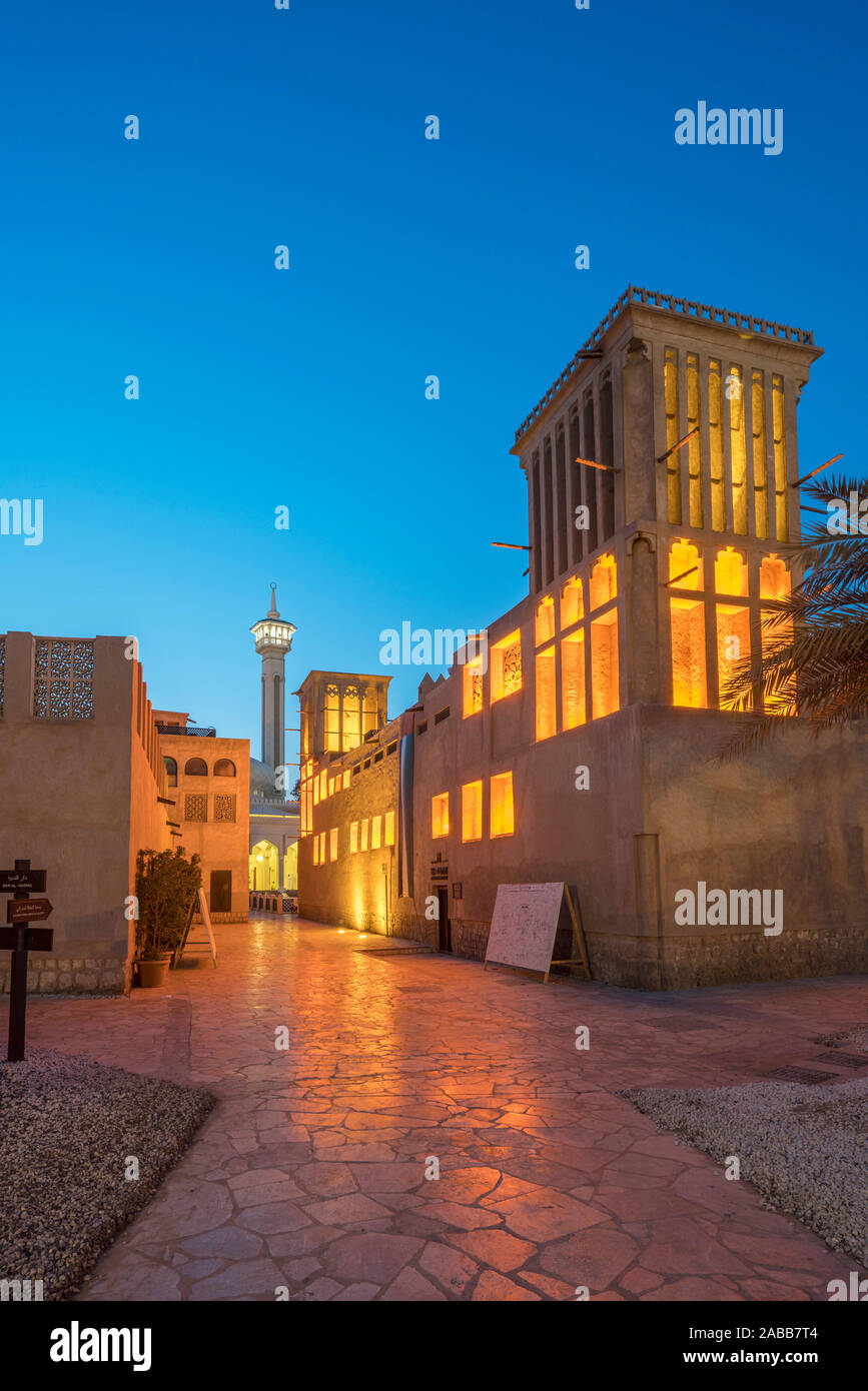 Evening view of Bastakiya in Al Fahidi traditional heritage area in ...