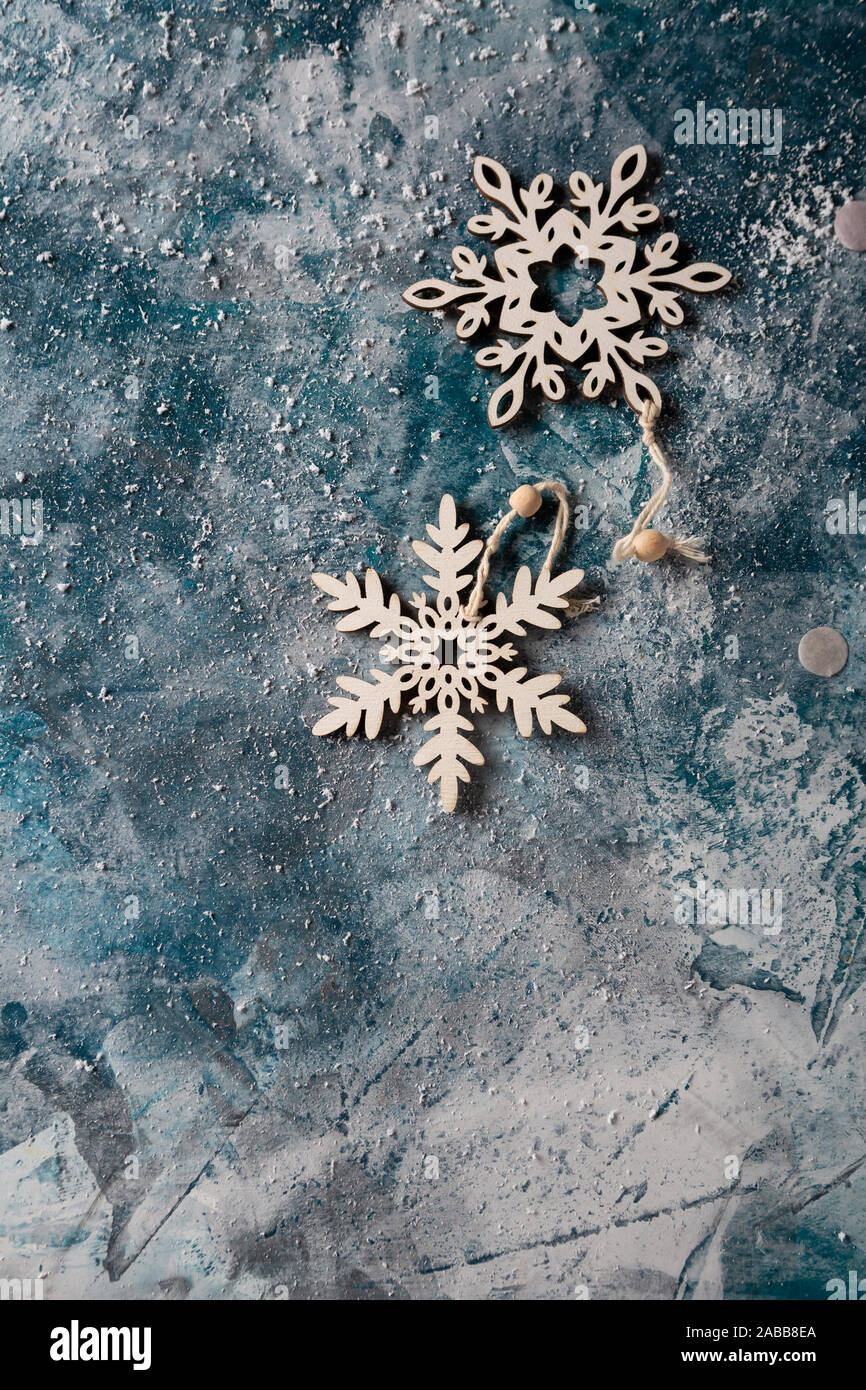 Christmas background and white snowflakes top view Stock Photo - Alamy