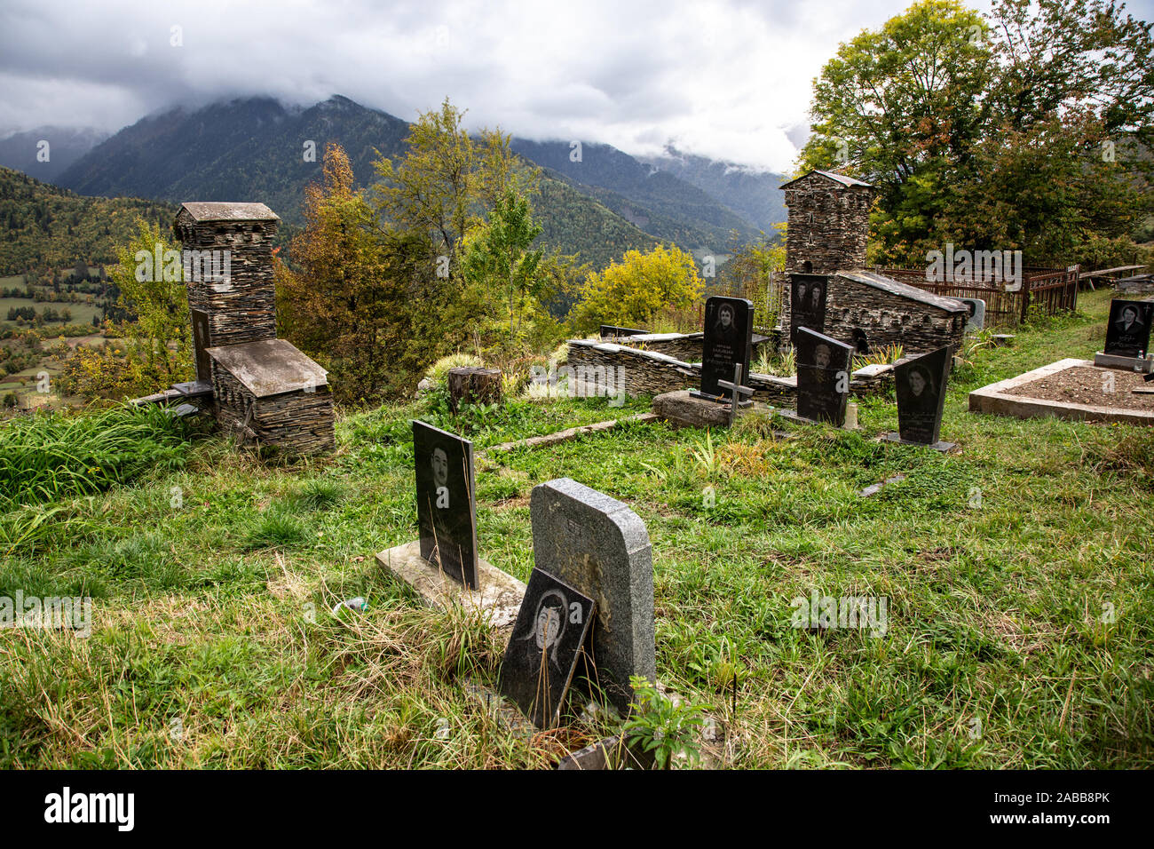 Mestia, Georgia - September 28, 2019: An old cemetery, with traditional ...