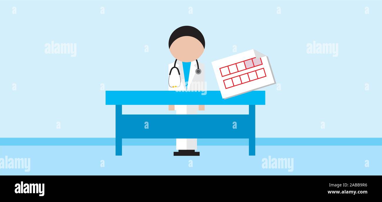 Illustration of a doctor with white coat standing behind a desk with ...