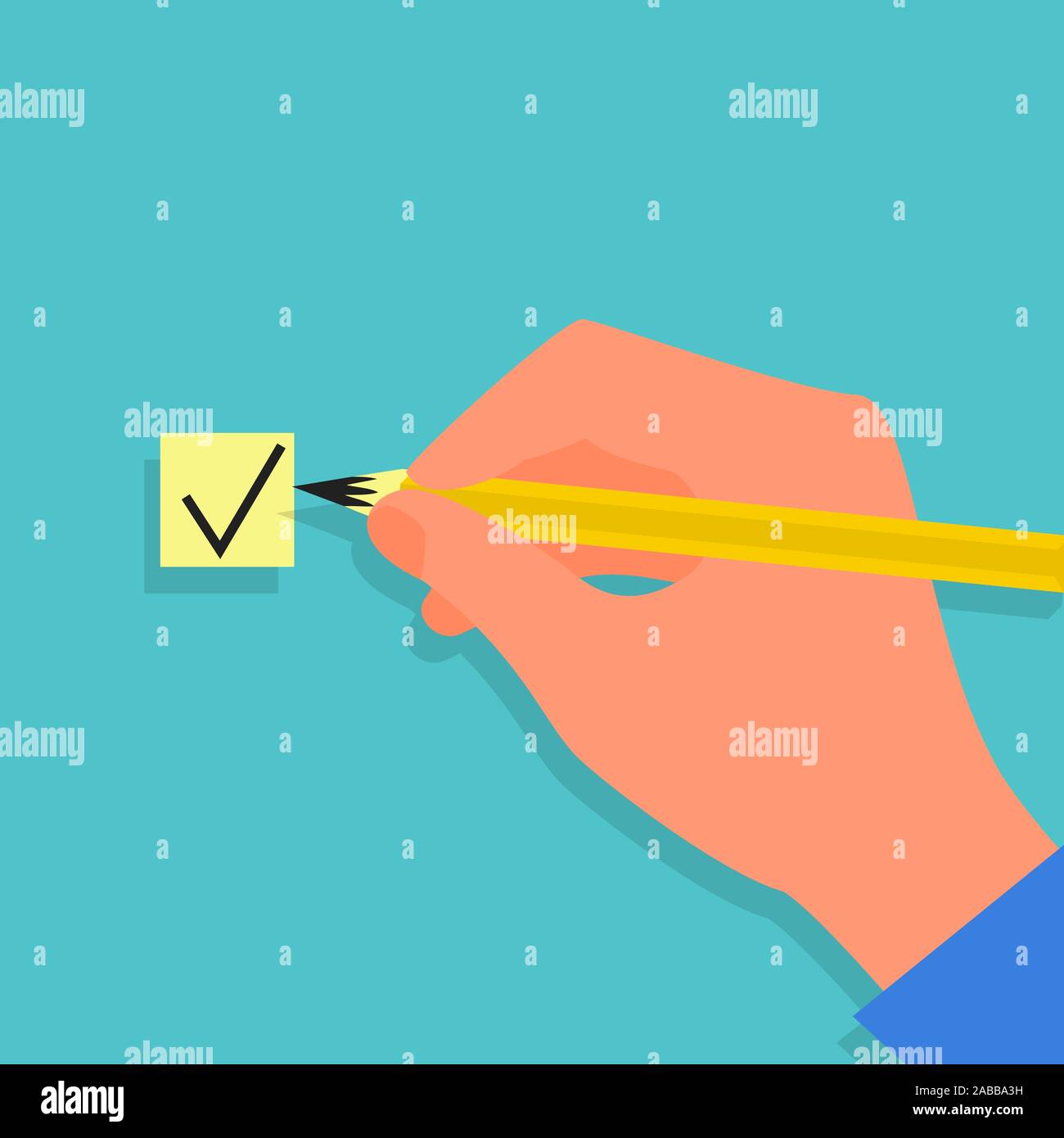 Caucasian human hand holding yellow pencil and checking the box. Vote ...