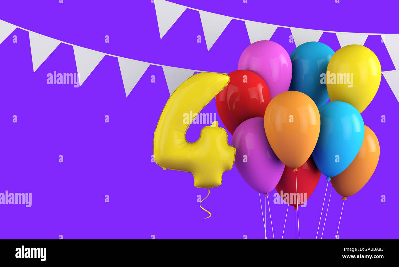 Happy 4th birthday colorful party balloons and bunting. 3D Render Stock ...