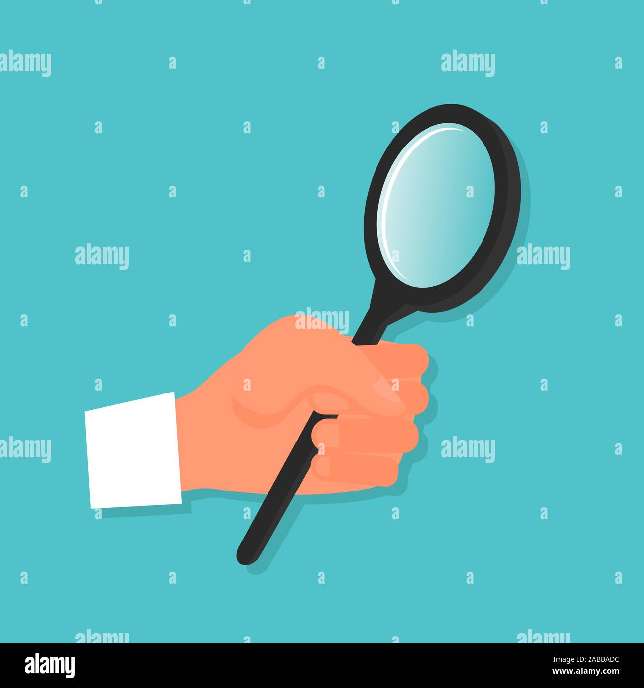 Caucasian human hand holding magnifier in fist. Blue background. Flat ...