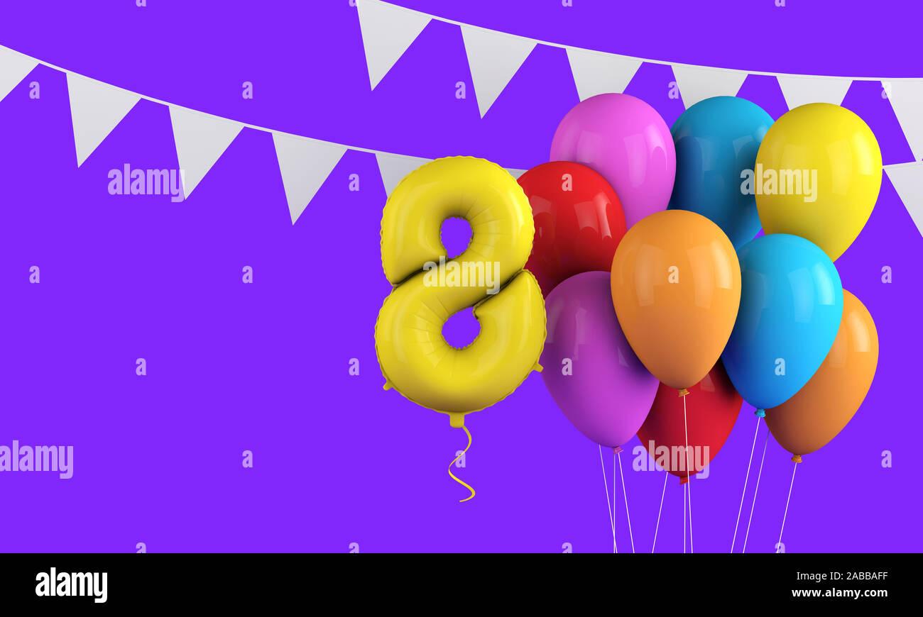 Happy 8th birthday colorful party balloons and bunting. 3D Render Stock ...