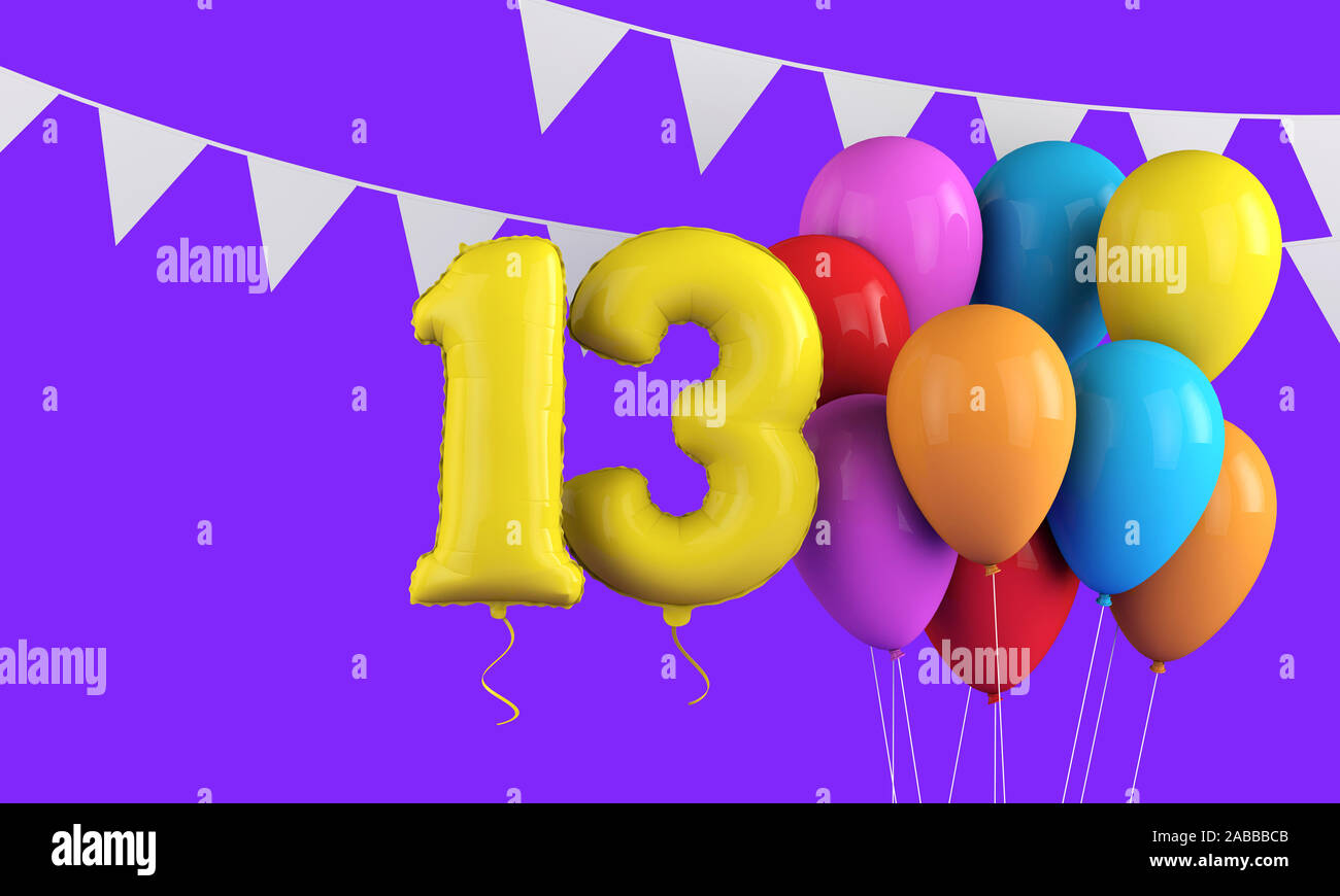 Happy 13th birthday colorful party balloons and bunting. 3D Render ...