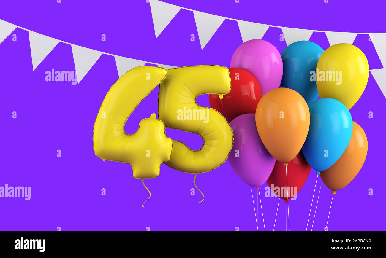 Happy 45th birthday colorful party balloons and bunting. 3D Render ...