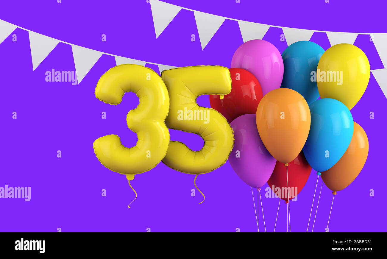 Happy 35th birthday colorful party balloons and bunting. 3D Render ...