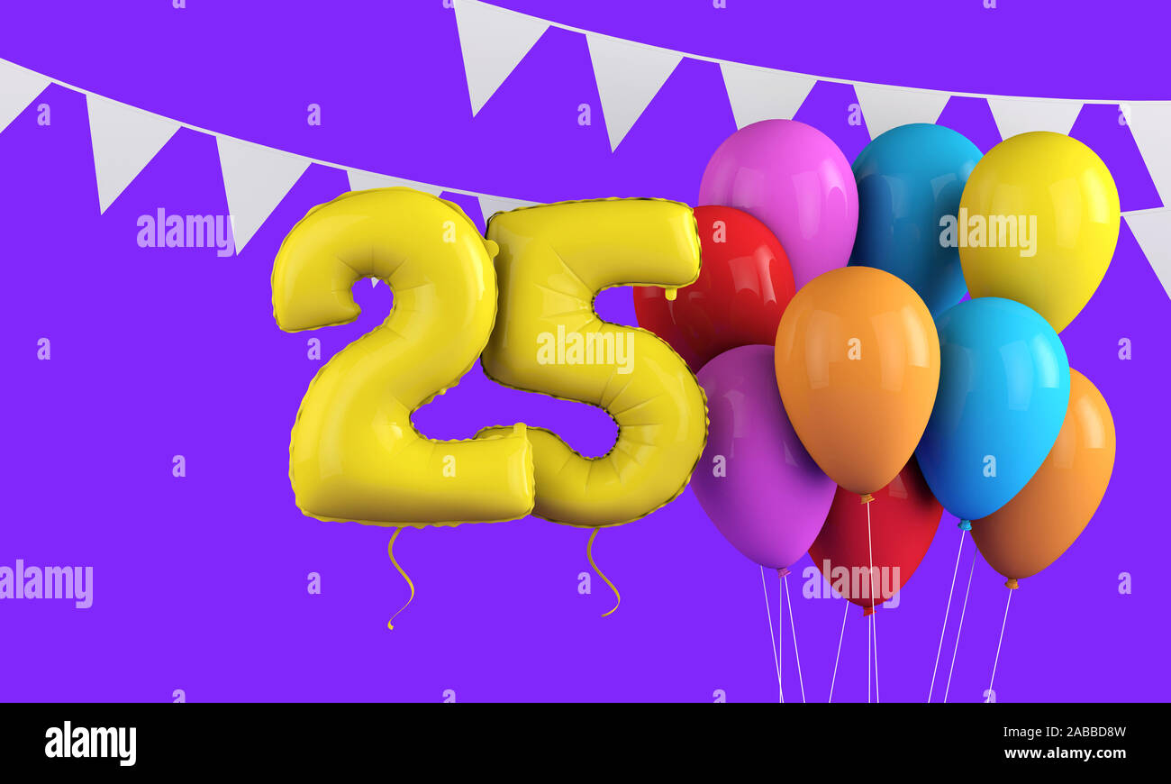 Happy 25th birthday colorful party balloons and bunting. 3D Render ...