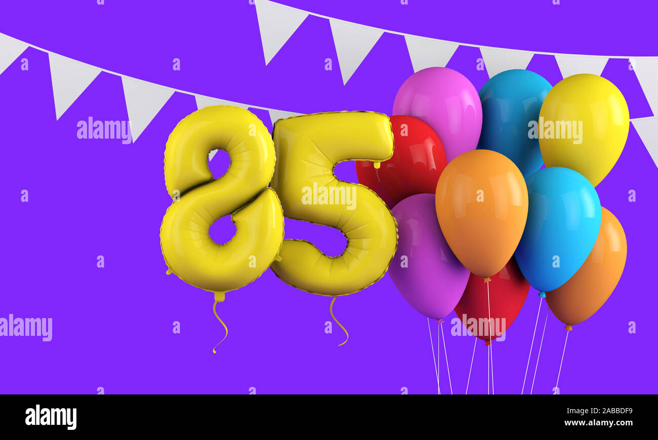 Happy 85th birthday colorful party balloons and bunting. 3D Render ...