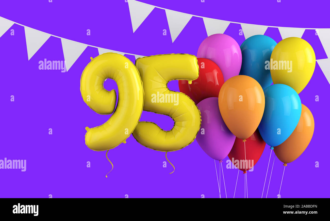 Happy 95th birthday colorful party balloons and bunting. 3D Render ...