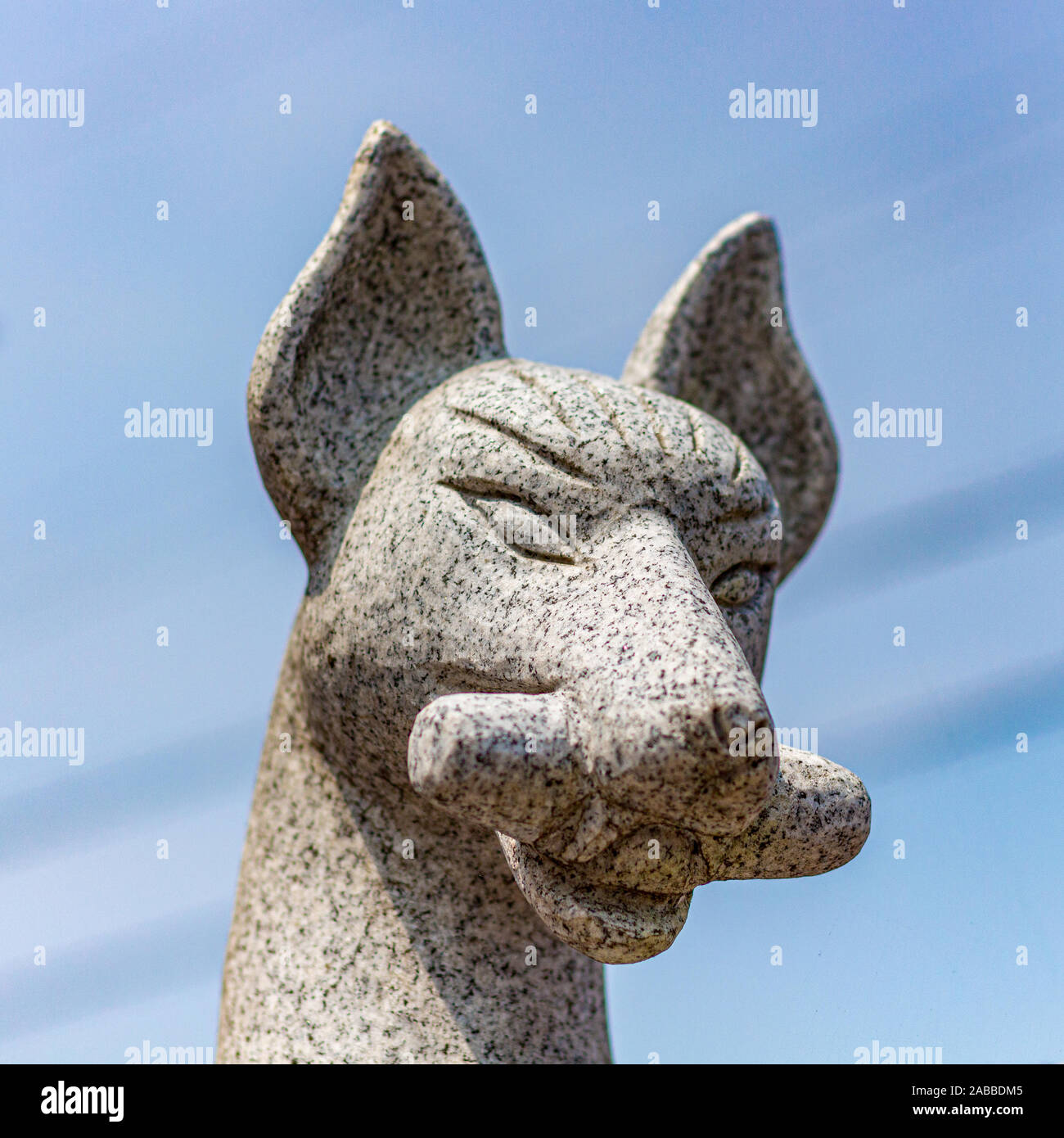 Historic stone statue of fox, or kitsune, messenger of the God Inari ...