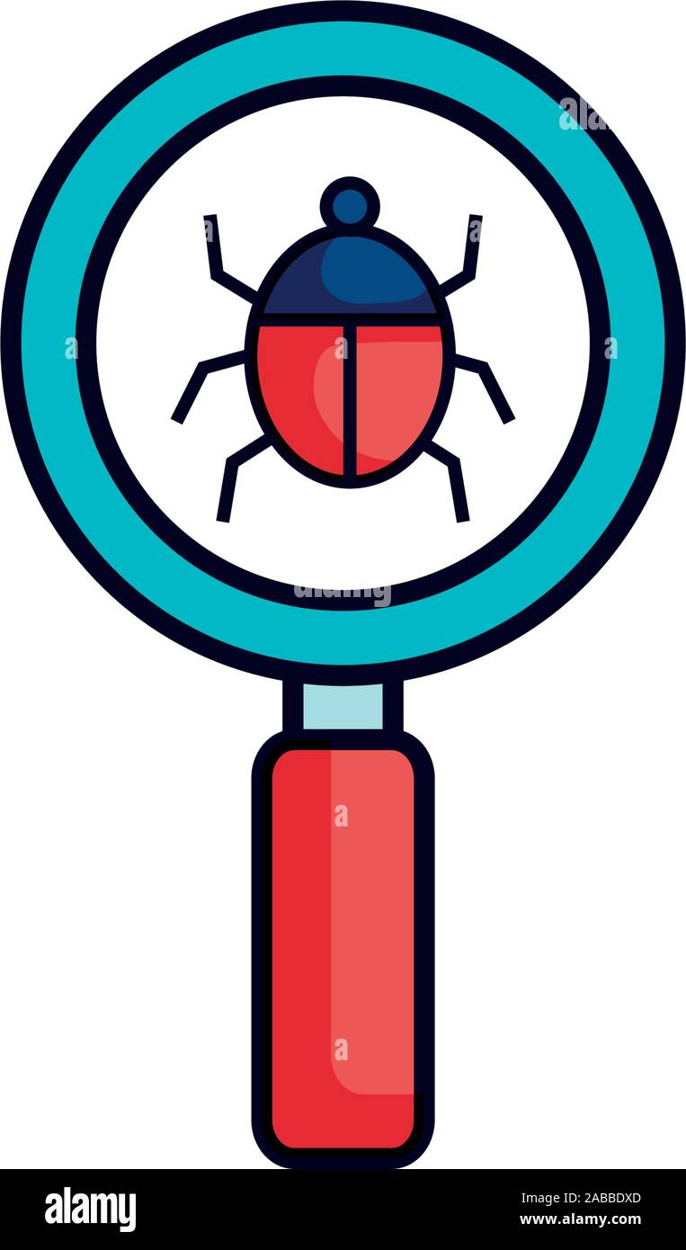 cyber security bug and magnifying glass detailed style vector ...
