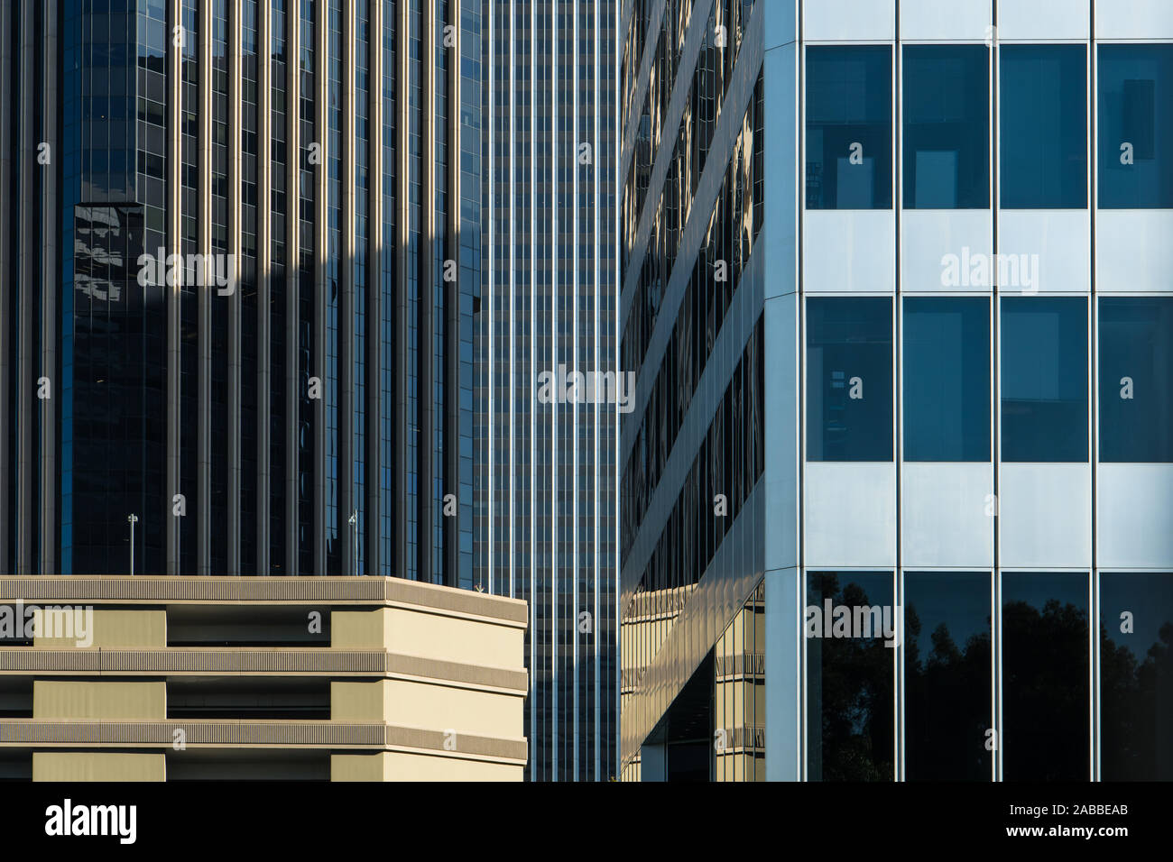 Dense urban cityscape of glass and steel skyscrapers and office ...