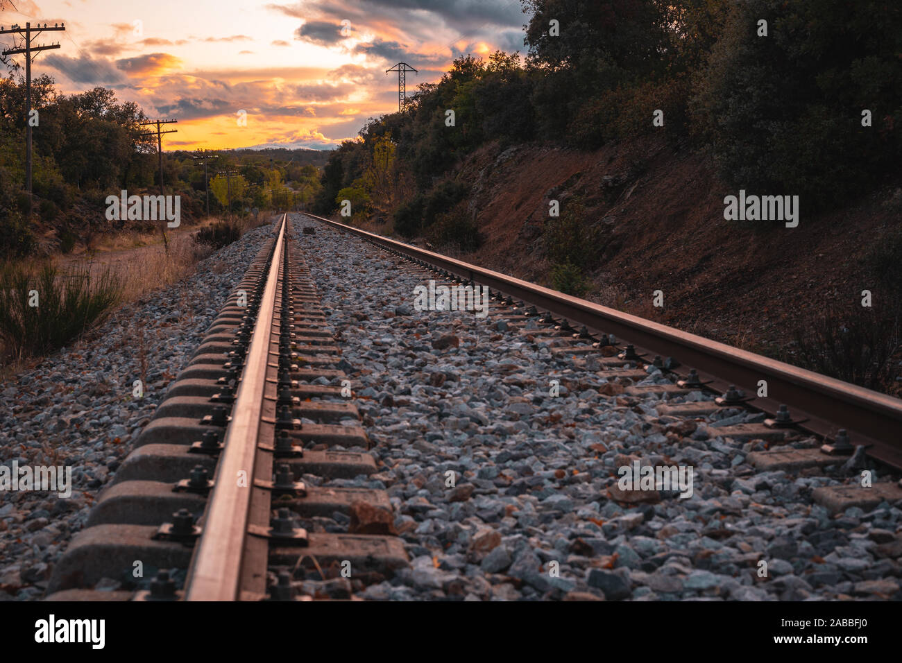 Abandoned train track at sunset in golden hour Stock Photo - Alamy
