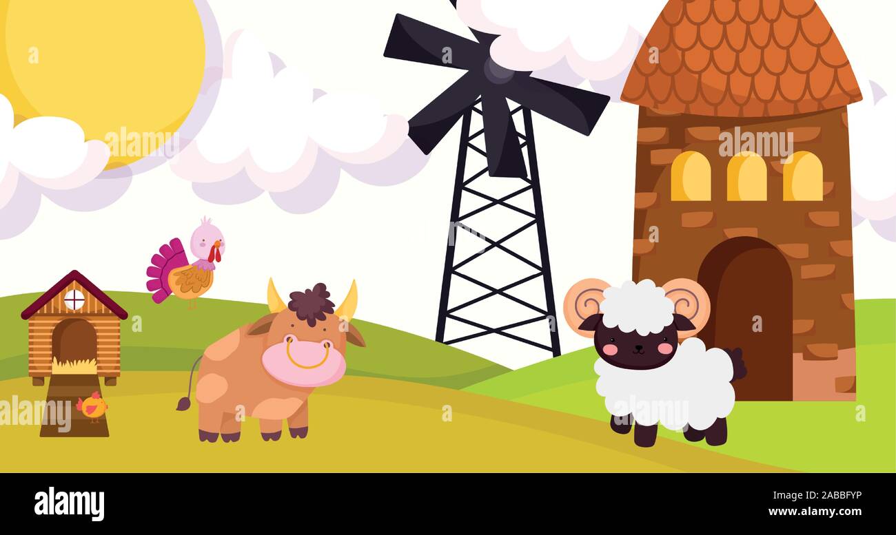 farm animals goat bull turkey windmill barn hen house vector ...
