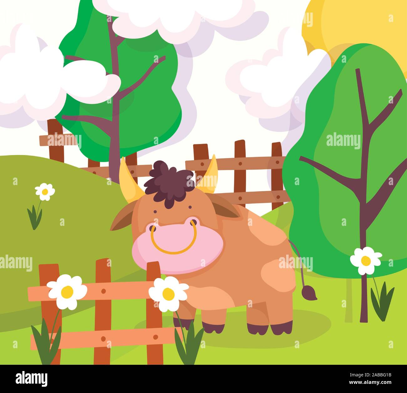 farm animals bull behind wooden fence tree flowers vector illustration ...
