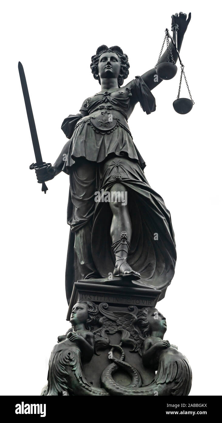 Justice Statue with Sword and Scale in Frankfurt/Main isolated on white ...
