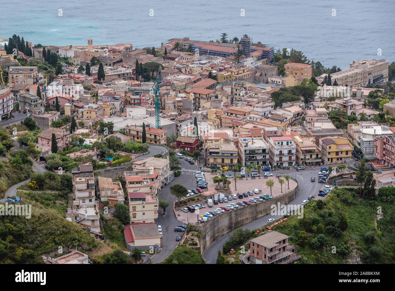 Old Town of Taormina city seen from Castelmola town in the Province of ...