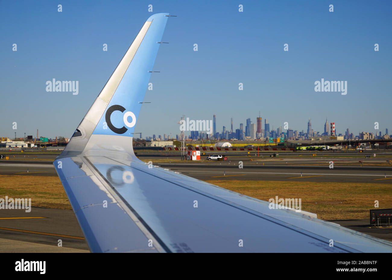 NEWARK, NJ -16 NOV 2019- View of the blue and white winglet of an ...