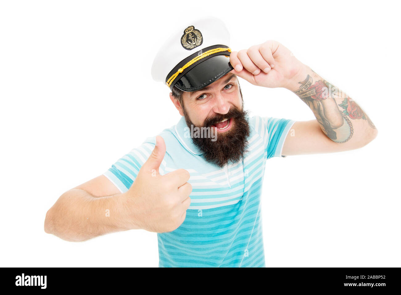 Welcome aboard. Sailor man give salute and thumbs up. Bearded man ...