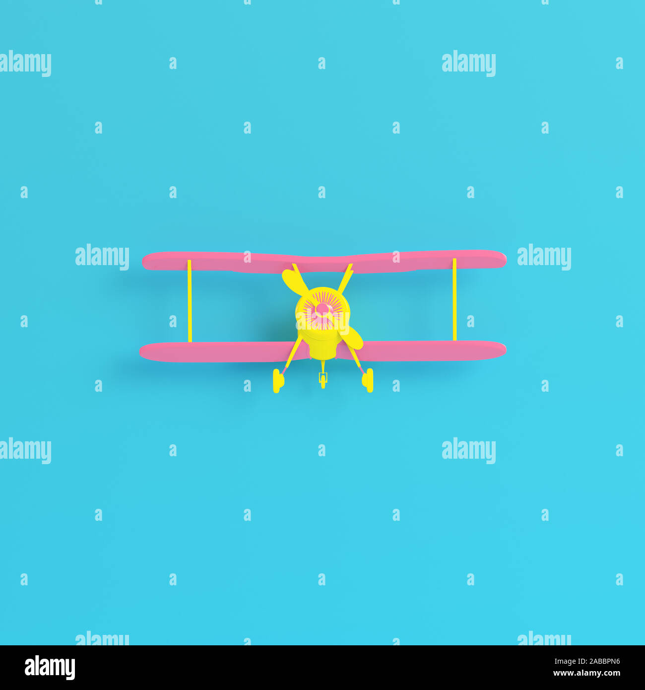 Yellow biplane on bright blue background in pastel colors. Minimalism ...