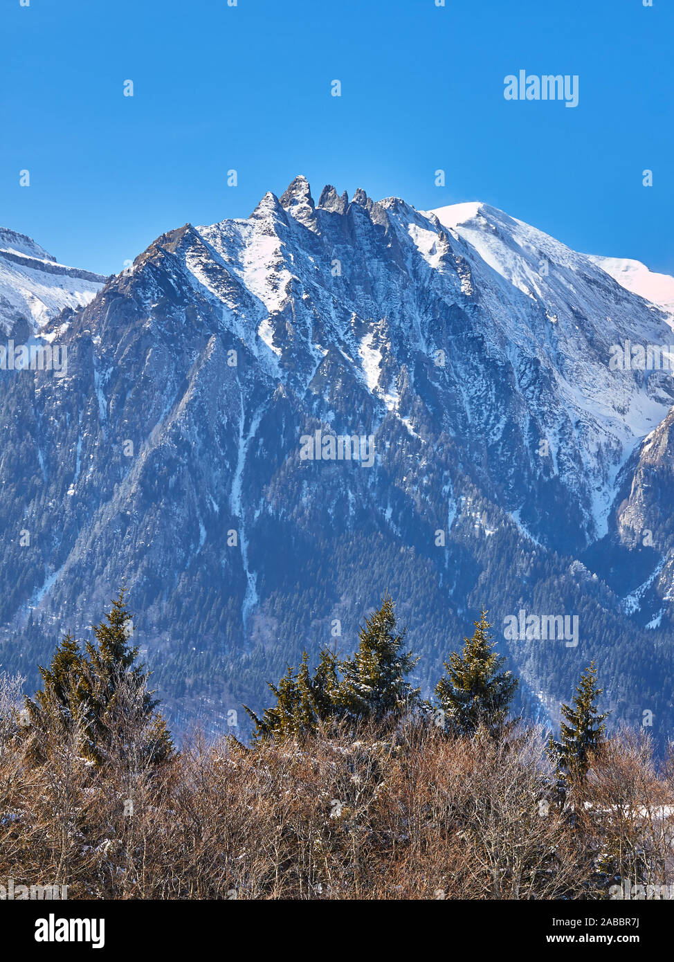 Epic view of pointy rock peaks called Acele Morarului in Bucegi ...