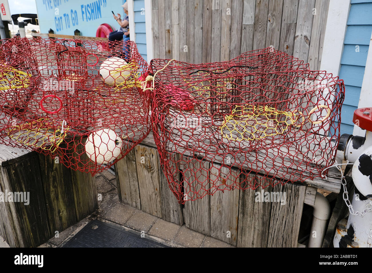 Empty crab or lobster traps or trap on the dock at Harborwalk Marina ...