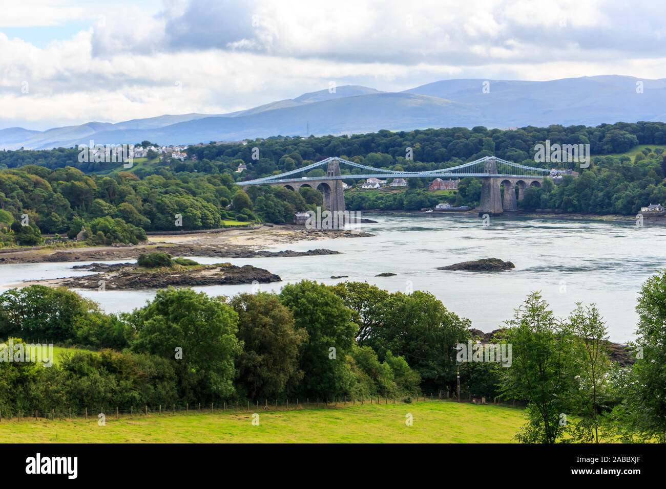 Scenic view of the Menai Straits and the suspension bridge connecting ...