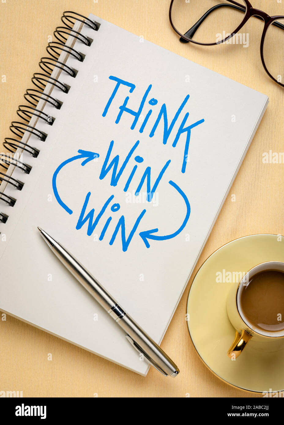 think win-win strategy concept - a sketch in a notebook with a cup of ...
