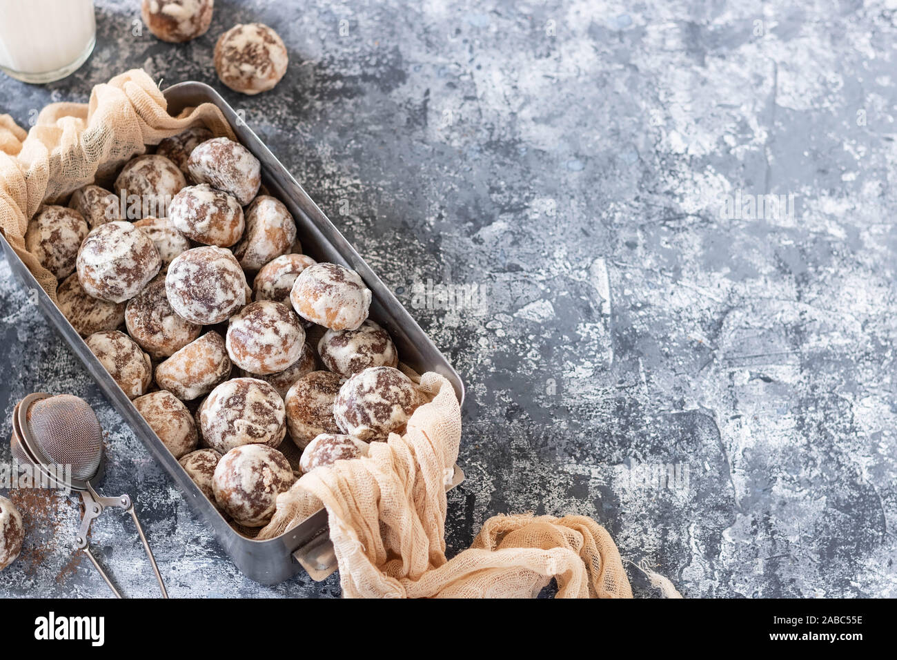 Round chocolate mini boxes in a tin retro box. Chocolate dessert Stock ...