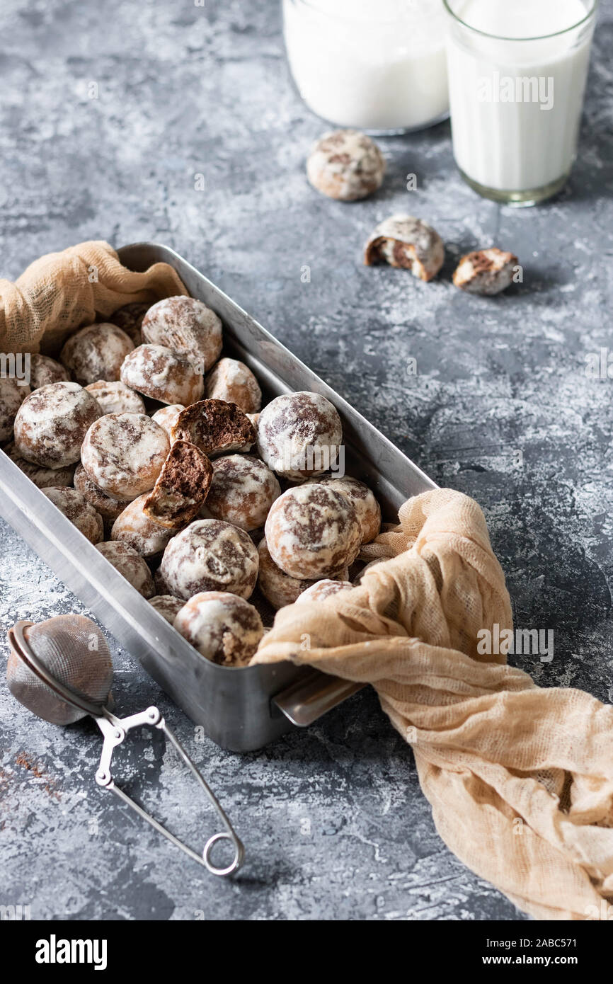 Round chocolate mini boxes in a tin retro box. Chocolate dessert Stock ...