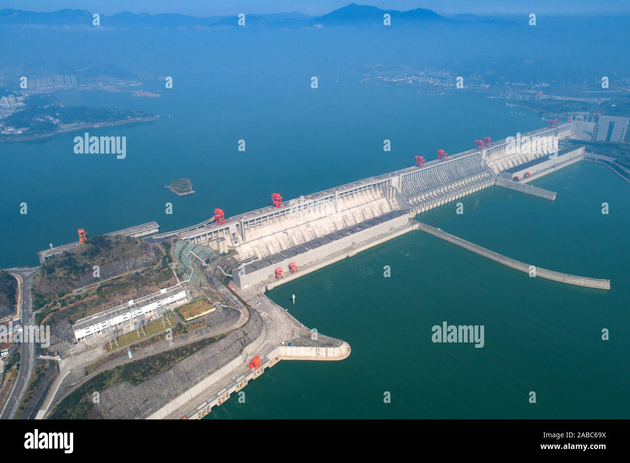 An aerial view of Three Gorges Dam, water level of whose reservoir ...