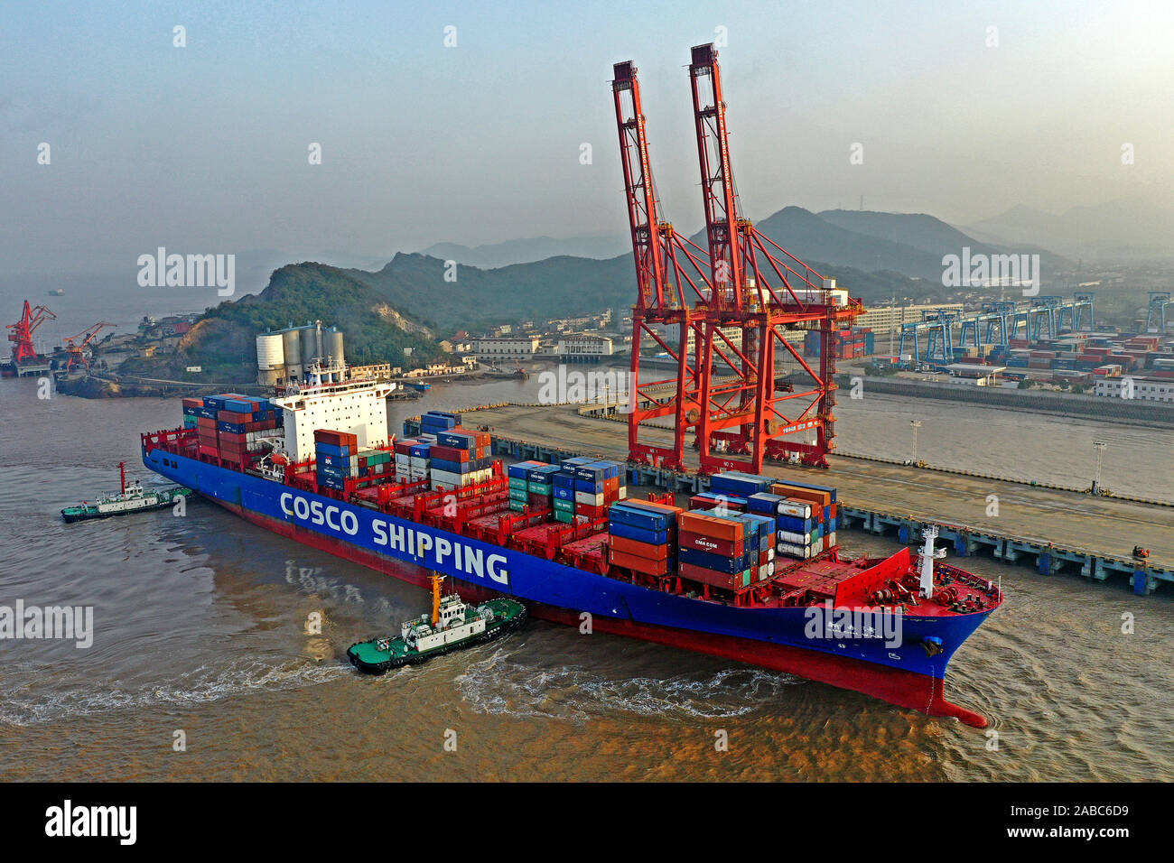 An aerial view of a vessel containing cargo from Australia arrived at ...