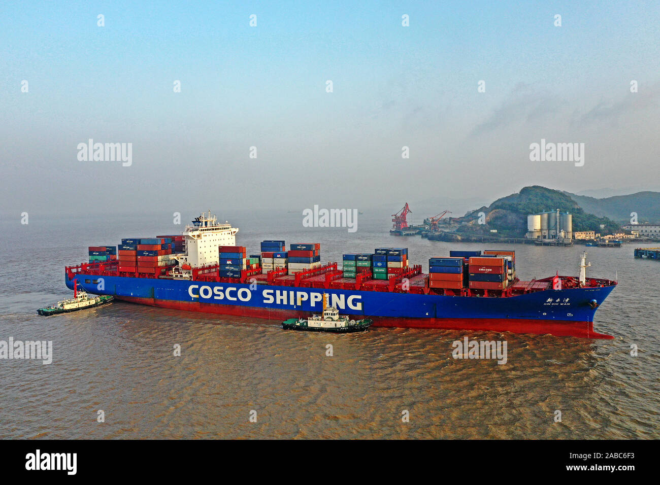 An aerial view of a vessel containing cargo from Australia arrived at ...