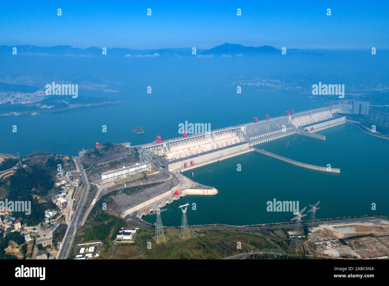 An aerial view of Three Gorges Dam, water level of whose reservoir ...