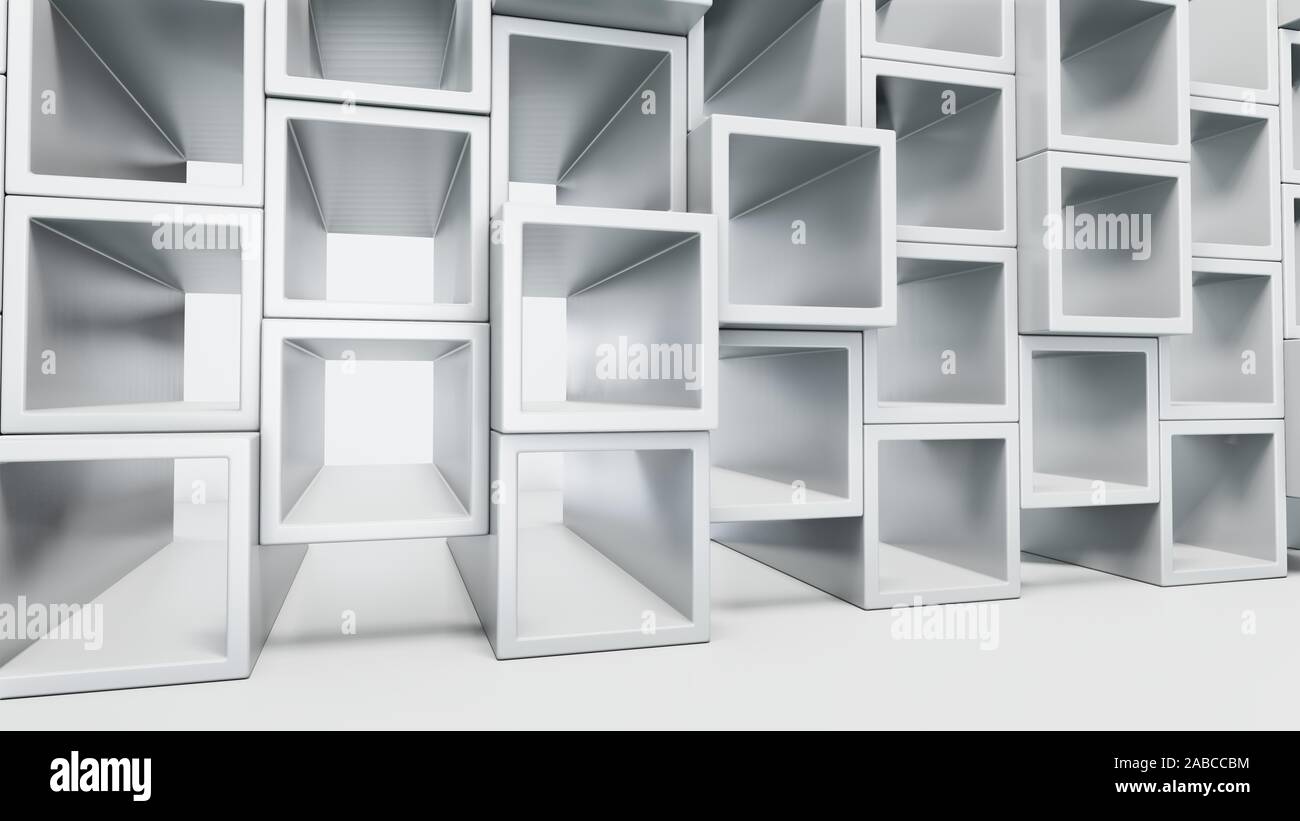 Empty white interior with cube shelves on the wall, 3D rendering Stock ...