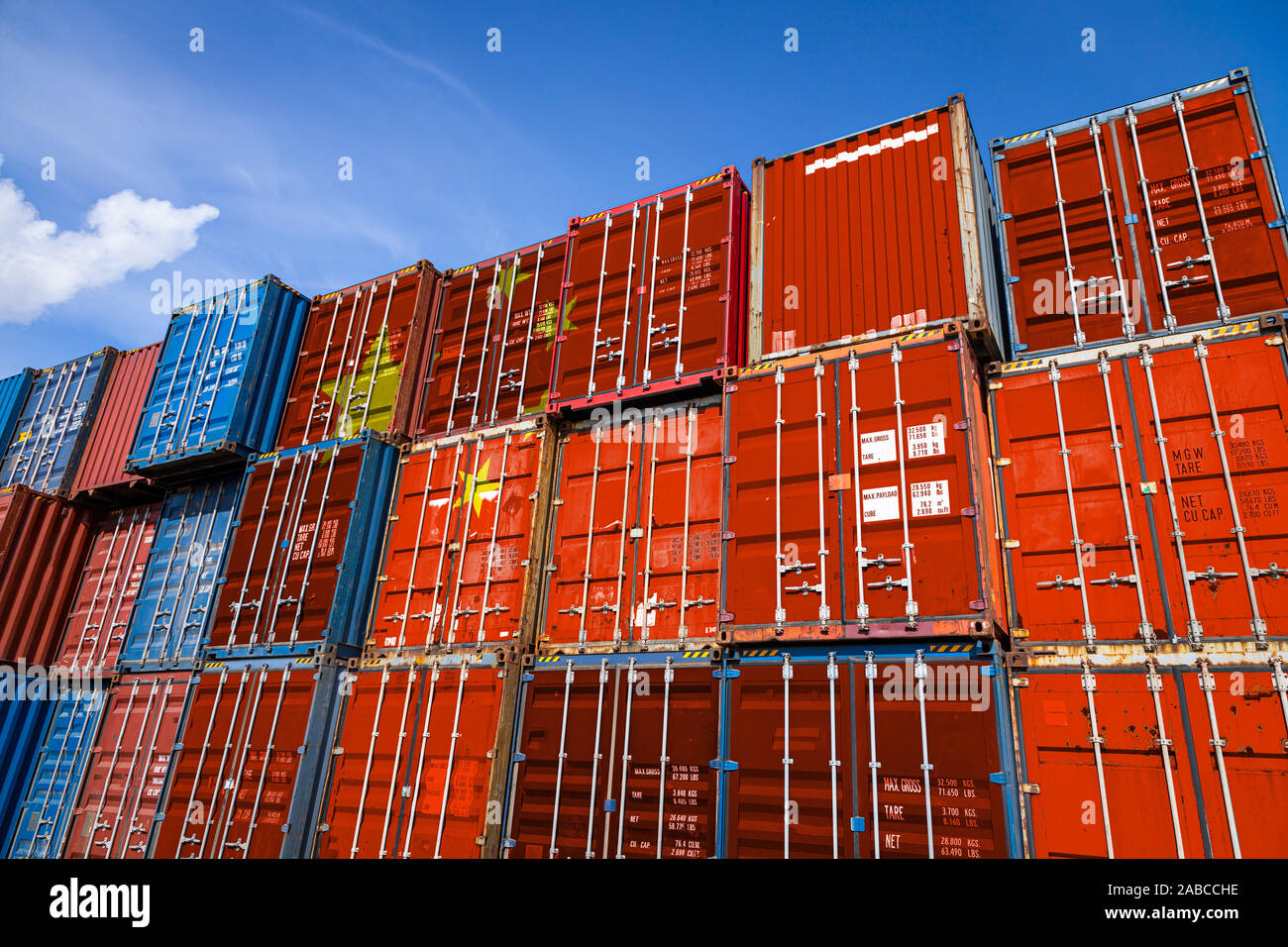 The national flag of China on a large number of metal containers for ...