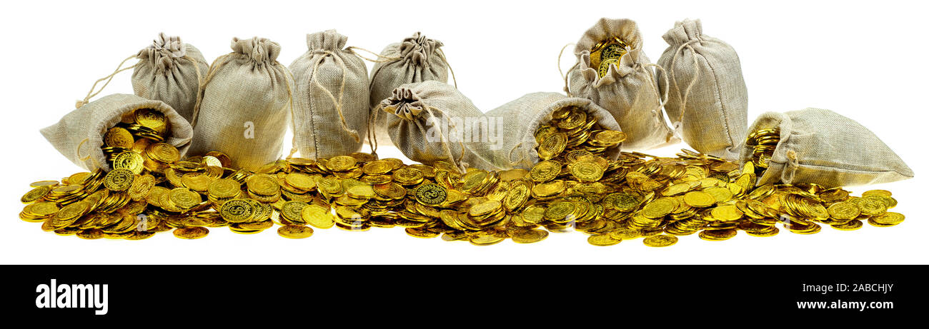 Stacking gold coin in treasure sack on white background Stock Photo - Alamy