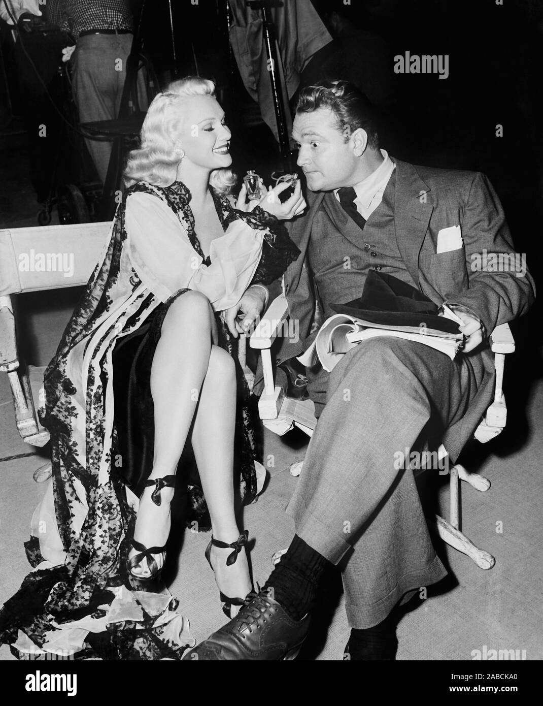 THE FULLER BRUSH MAN, from left: Adele Jergens, REd Skelton on set ...