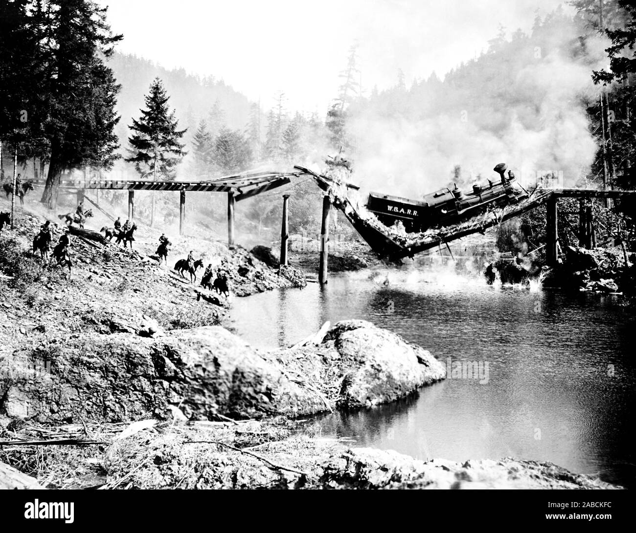 THE GENERAL, a real locomotive plunging into the Row River, Oregon, a ...