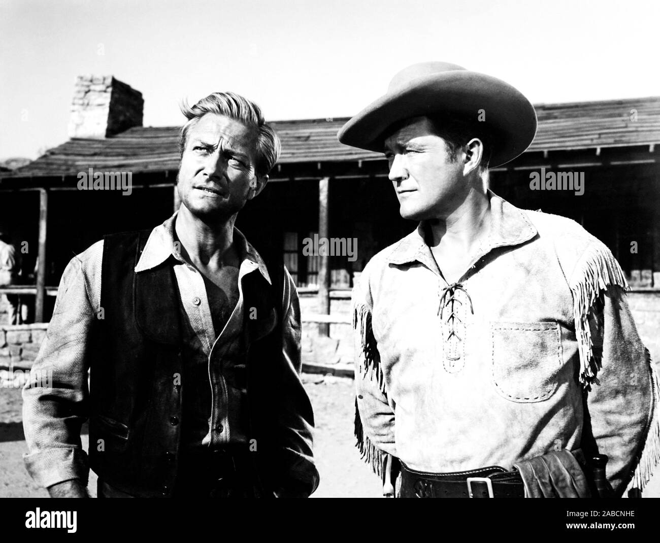 THE GUN THAT WON THE WEST, from left, Richard Denning, Dennis Morgan ...