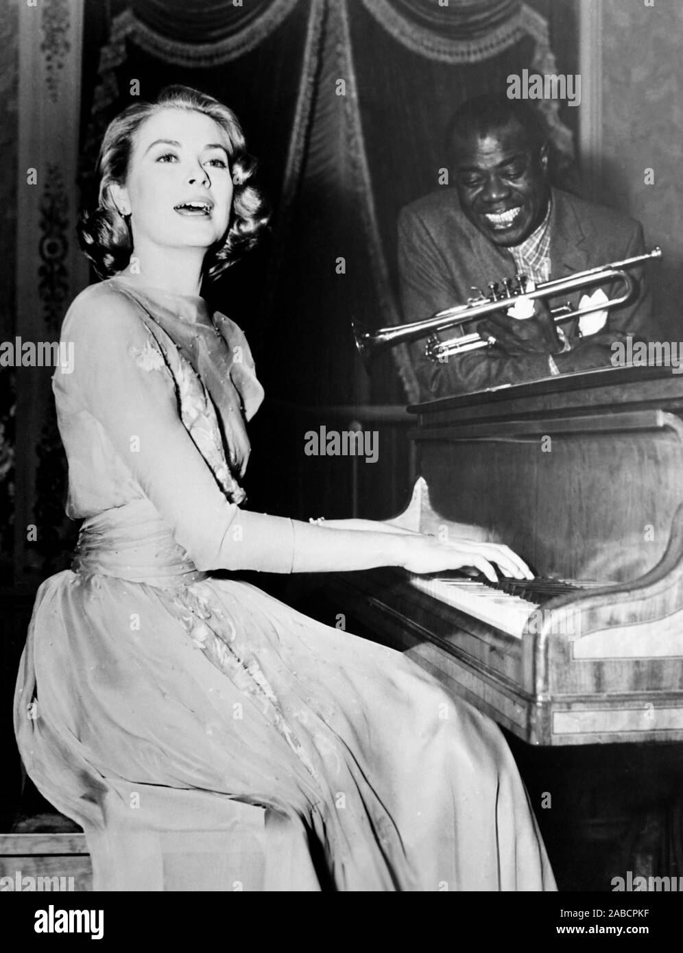 HIGH SOCIETY, from left, Grace Kelly, Louis Armstrong, on-set, 1956 ...