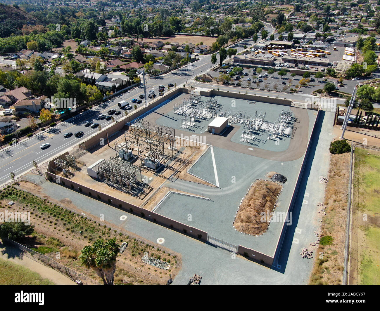 Aerial view of electric power plants. Electrical distribution ...
